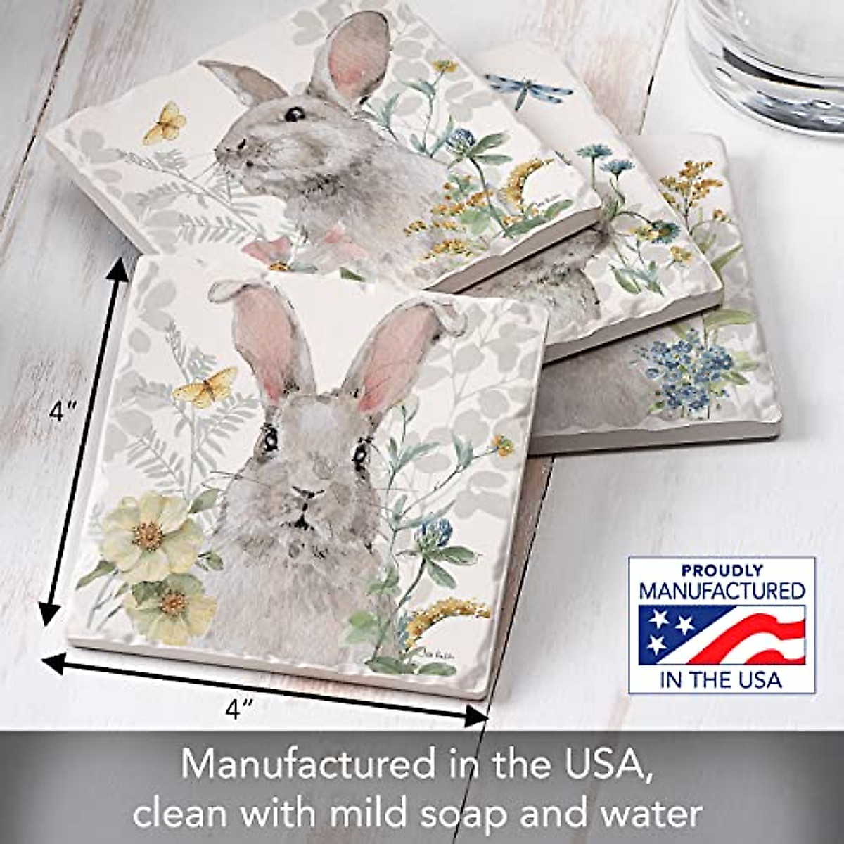 CounterArt Spring Meadow Bunnies Multi-Image Absorbent Stone Tumbled Tile Coaster 4 Pack with Protective Cork Backing Manufactured in The USA