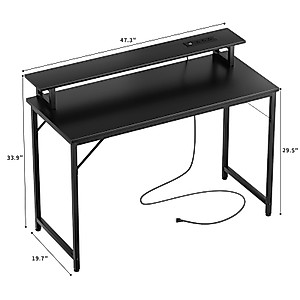 iSunirm 47 inch Computer Desk with Power Outlets, Gaming Desk with LED Lights, Home Office Work Desk with Monitor Shelf, Modern Office Desk Study Writing Table for Small Spaces, Black