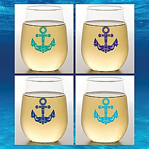 Set of 4 Designer COASTAL Shatterproof Plastic 16 oz Stemless Wine Glass (ANCHORS AWAY)