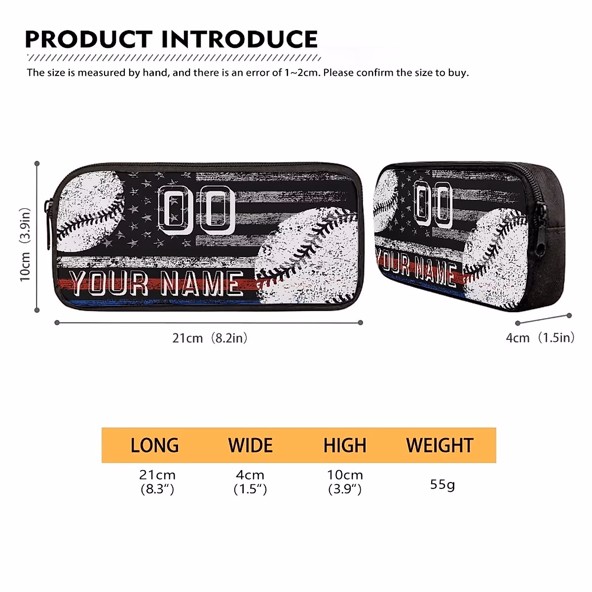 STUOARTE Personalized Pencil Case for Kids Teens Boys, American Flag Baseball Printed Custom Pencil Pouch Bag with Zipper, Big Capacity Pen Bag Pencil Holder Stationery Bag Multi-Purpose Bag