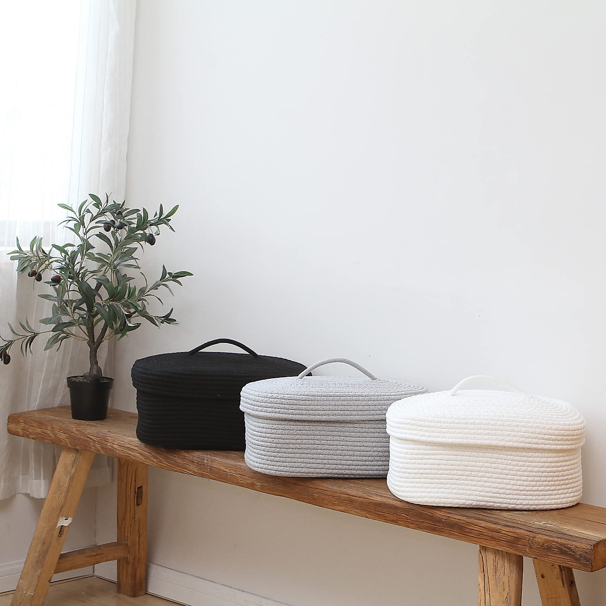 Sea Team Oval Cotton Rope Storage Basket with Lid, Lidded Woven Storage Bin, Nursery Storage Container, Diaper Caddy, Baby Shower Basket, Box, Organizer, 15 x 11 x 6.5 Inches (Medium, Black)