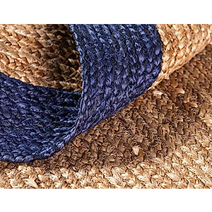 Unique Loom Braided Jute Collection Classic Quality Made Natural Hand Woven with Solid Color Detail Area Rug (8' 0 x 8' 0 Round, Natural/ Navy Blue)