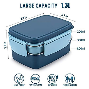 Freshmage Stainless Steel Bento Box Adult Lunch Box, Leakproof Stackable Large Capacity Dishwasher Safe Lunch Container with Divided Compartments, Blue