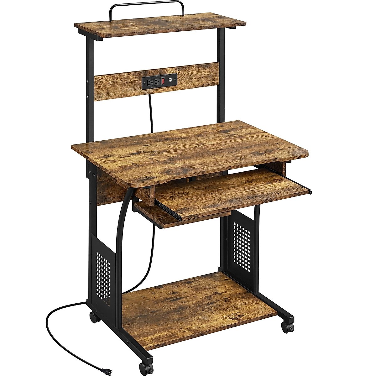 Topeakmart 3 Tiers Rolling Computer Desk with Power Outlet and USB Ports for Space Saving, Home Office Desk with Keyboard Tray and Printer Shelf on Wheels, Laptop PC Workstation Table, Rustic Brown