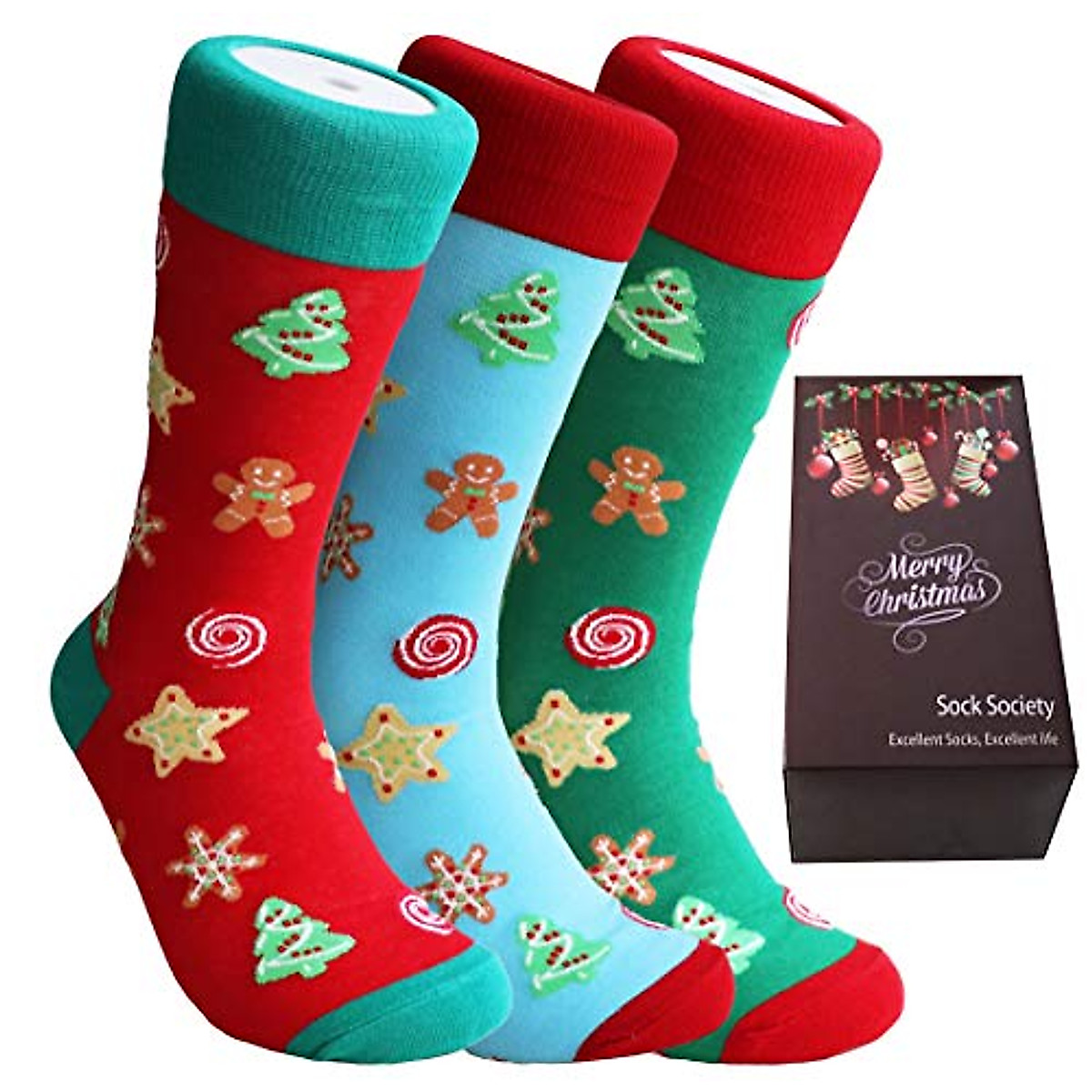 Christmas Gingerman Unisex Men Women Fun Dress Casual Pattern Crew Funny Xmas Socks Gift Box(3 pairs)