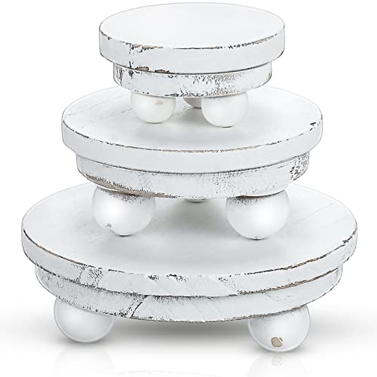 3 Pieces Wood Risers for Decor Wood Pedestal Mini Riser Stand Round Wooden Riser Rustic Farmhouse Riser for Decor Tiered Tray Decor Riser for Home Kitchen (Washed White, 5/4/3 Inch)