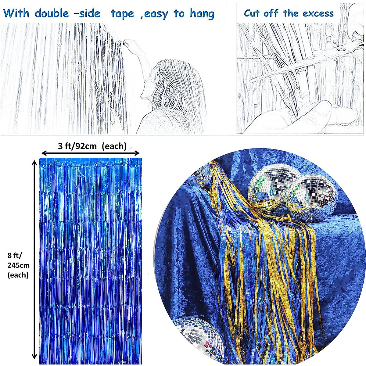 Graduation Party Decorations Navy Blue Yellow 2024/Navy Yellow Blue Graduation Decorations Class of 2024 Foil Fringe Curtains Graduation Backdrop Metallic Foil Curtains for Navy Blue Birthday Party