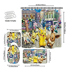 Jauiegu 4 Pcs Funny Anime Shower Curtain Set with Non-Slip Rugs for Bathroom Decor, Toilet Lid Cover and Bath Mat, Shower Curtain with 12 Hooks,