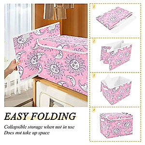 Kigai Storage Basket Pink Sun Moon Storage Boxes with Lids and Handle, Large Storage Cube Bin Collapsible for Shelves Closet Bedroom Living Room, 16.5x12.6x11.8 In