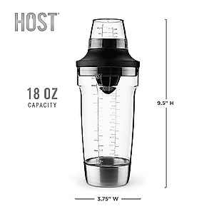 HOST All in One Cocktail Shaker Set | 5 in 1 Tool - Jigger Cap | Strainer | Reamer | Stainless Steel Bottle Opener and Oz and mL Markers 18 oz Capacity - Multitool Bartending Mixer for Drinks
