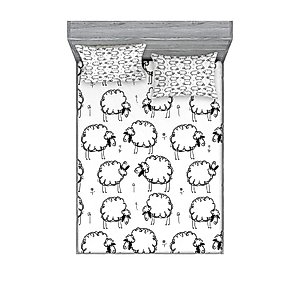 Ambesonne Funny Fitted Sheet & Pillow Sham Set, Humorous Sheep Patterns on Meadow Flower Comic Doodle Playroom Kids Art Print, Decorative Printed 3 Piece Bedding Decor Set, King, Dark Grey White