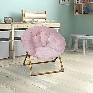 Flash Furniture Gwen Oversize Folding Saucer Chair - Blush Faux Fur Moon Chair - Soft Gold Metal Frame - 23" Portable Folding Chair - For Dorm and Bedroom