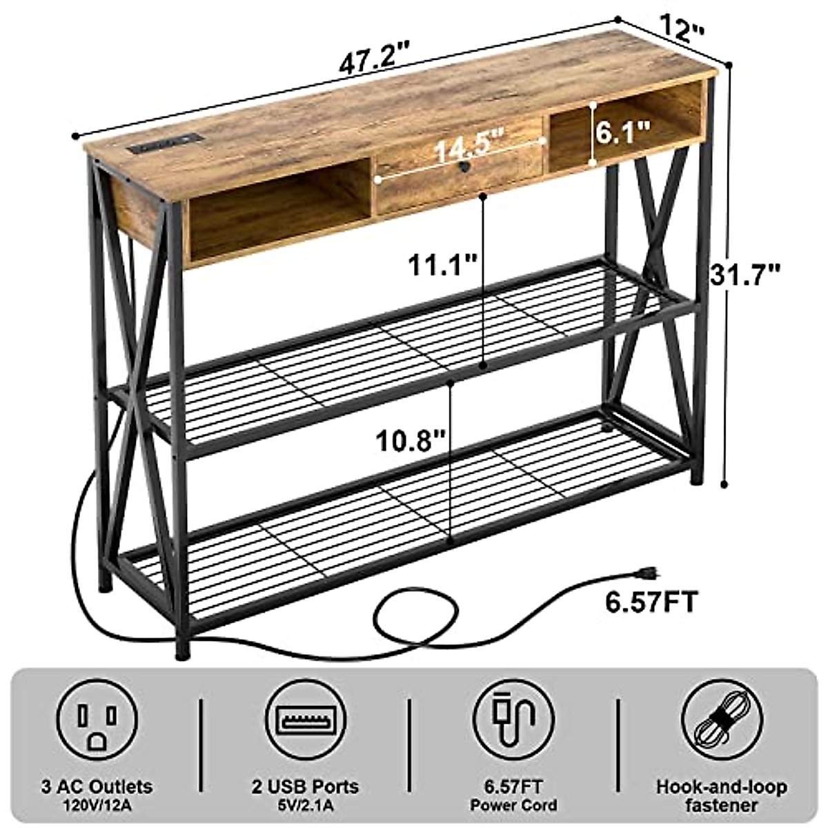 armocity Console Table with Outlets, Entryway Table for Entry, 47 Inch Sofa Table with Drawers, Long Hallway Table, Industrial Behind Couch Table for Entryway, Sofa Couch, Entrance, Hallway, Rustic