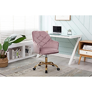 scxatvd Office Chair, Home Office Desk Chairs with Wheels, 360°Swivel/Bedroom/Vanity/Task/Velvet/Tufted Chair for Living Room with Armrest, Upholstered Height Adjustable (Light Pink)
