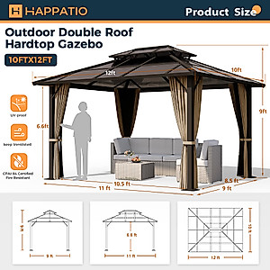 HAPPATIO Hardtop Gazebo, 10'x 12' Polycarbonate Double Roof Aluminum Furniture Gazebo, Outdoor Canopy with Netting and Curtains for Backyard, Patio, Parties, Lawns (Brown)