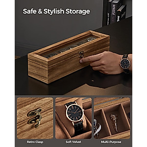 SONGMICS Watch Box, 6-Slot Watch Case, Solid Wood Watch Box Organizer with Glass Lid, Rustic Walnut UJOW006K01