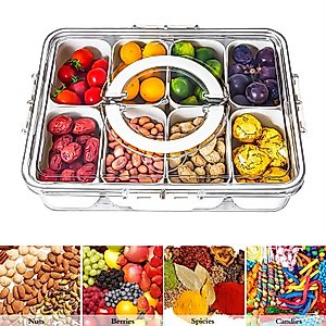 JEESA Divided Serving Tray with Lid and Handle Set of 1 Plastics Snackle Box Charcuterie Tray Portable Divided Serving Platter for Cookies, Veggie, Candy, Fruit, Relish, Meats