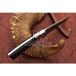 HUNTEX Handmade Hand-Forged Ladder Pattern Damascus Steel 10 Inch Long Full Tang Natural Buffalo Horn Handle Razor Sharp Hunting Camping Skinning Knife w/Genuine Leather Pouch