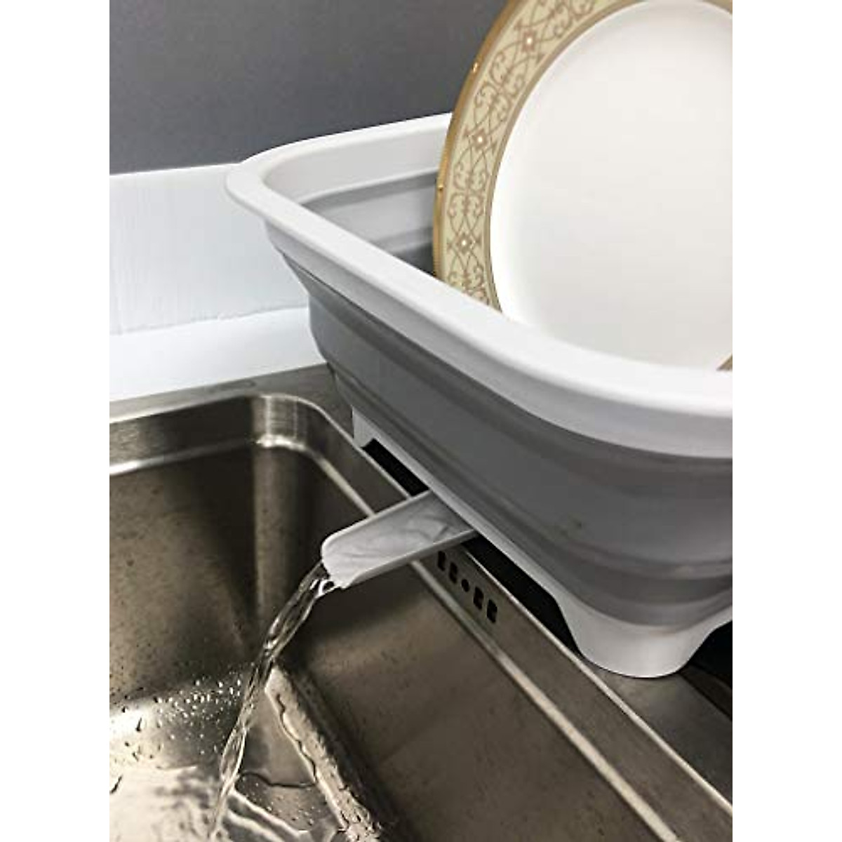 SAMMART 8.5L (2.2 Gallon) Collapsible Dish Drainer with Swivel Spout - Foldable Drying Rack - Portable Dinnerware Organizer - Space Saving Kitchen Storage Tray (1, Grey)