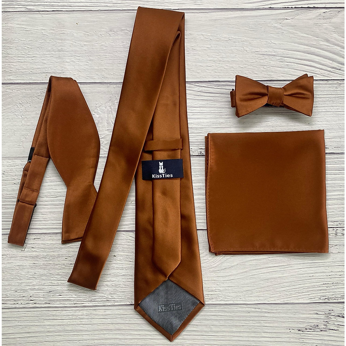 KissTies Mens Rust Tie Burnt Orange Satin Necktie Wedding Ties + Gift Box