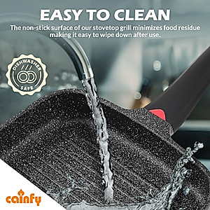 11 Inch Non Stick Grill Pan Granite Coated with Pour Spout - Lightweight 2.66 Quart Grill Pan for Indoor Cooking with Grip Handle - Induction Compatible PFOA Free Stove Top Grill (Black)