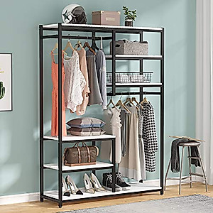 Tribesigns Free-standing Closet Organizer with 2 Hanging Rod, Garment Rack with 5 Storage Shelves for Bedroom (White)