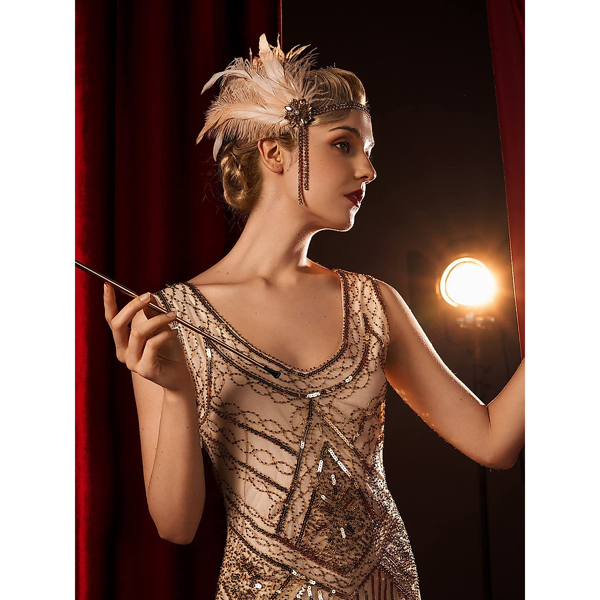 SWEETV 1920s Headpiece Flapper Headband, Rhinestone Pearl Feather Hair Band Great Gatsby Headpiece Accessoreis for Women,Champagne