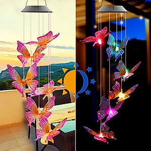 WeeksEight Purple Butterfly Solar Wind Chimes Colors Changing Lights, Best Gifts for Mom Grandma Women Mothers, Decorations Windchimes Outdoor Garden Yard Decor