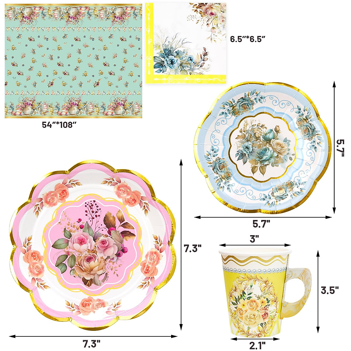 Tea Party Supplies Floral Party Dinnerware Tea Party Decorations 12 Paper Tea Cups and Saucers, Plates Napkins Tablecloth