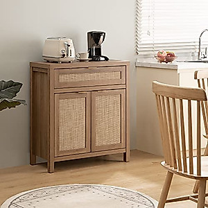 SICOTAS Sideboard Buffet Cabinet Set of 2, Rattan Credenza Storage Cabinet, Boho Buffet Table Console with Drawer, Farmhouse Coffee Bar Cabinet for Entryway Living Dining Room, Natural Oak