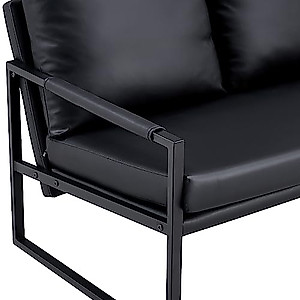 Uunquee Mid-Century Modern Loveseat Sofa,PU Leather 2 Seater Sofa Chair with 2 Pillows,Black Upholstered Accent Chair with Arms for Living Room,Office