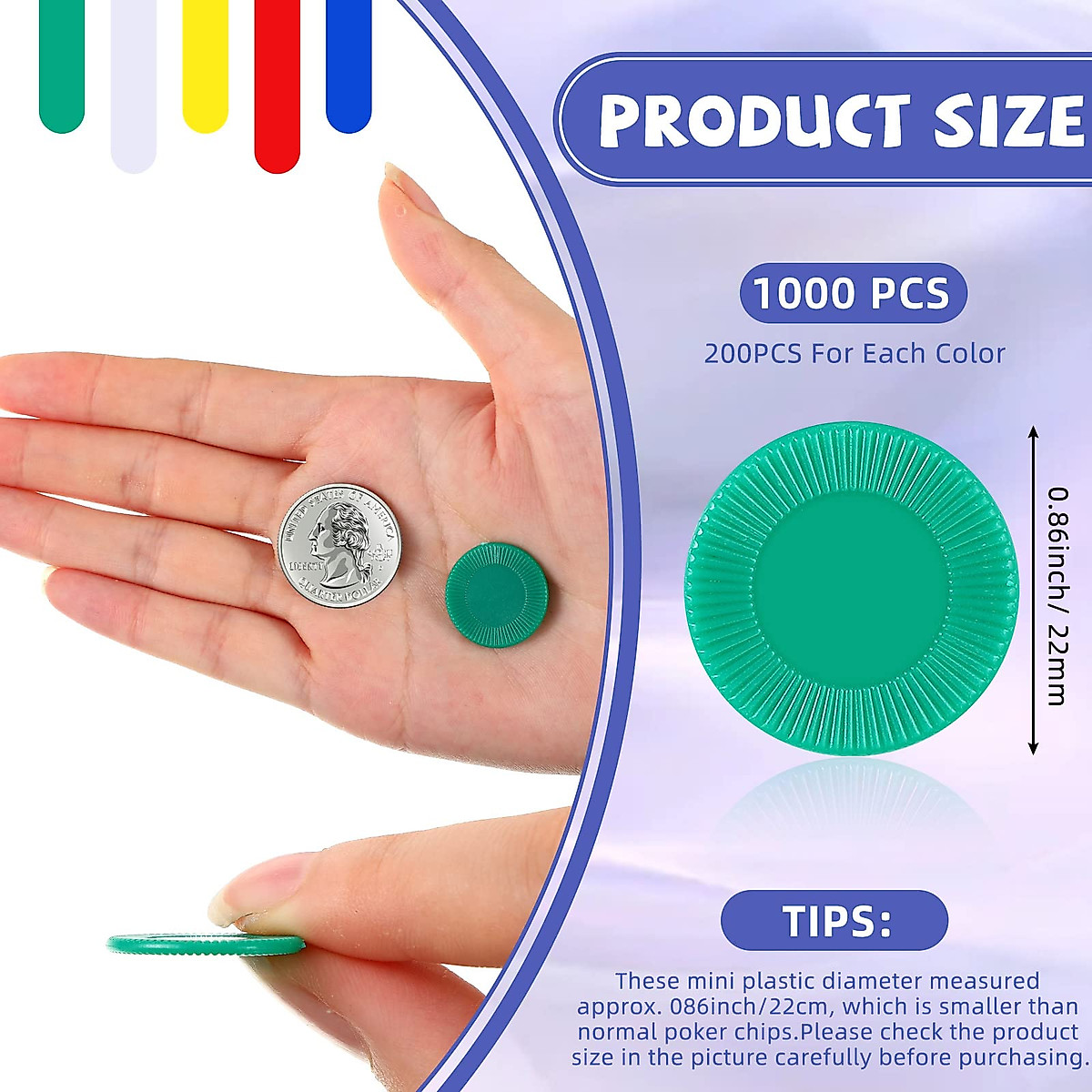 Skylety 1000 Pieces Plastic Poker Chips Bulk Game Chips 5 Colors Counter Card for Kids Game Playing Learning Math Counting Bingo Game Blank Chips Card for Kids Reward, 0.86 Inch