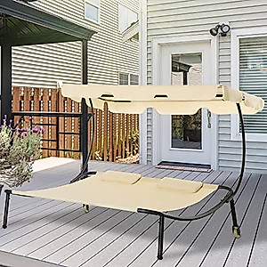 Outsunny Patio Double Chaise Lounge Chair, Outdoor Wheeled Hammock Daybed with Adjustable Canopy and Pillow for Sun Room, Garden, or Poolside, Beige