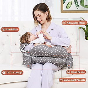 MOMTORY Nursing Pillow for Breastfeeding & Bottle Feeding Pillows 15° Tilt to Prevent Spitting Milk, Arm Pillow Support for Mom and Baby, Adjustable Waist Strap Cotton Cover, Grey