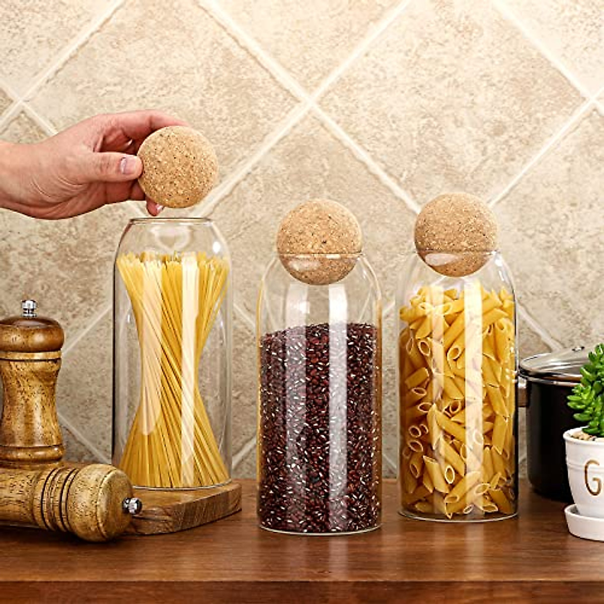 3 Pcs Cork Glass Jar Glass Bottle Sealed Jar Nut Storage Jar Coffee Bean Jar Glass Container with Ball Cork Round Glass Bottles with Cork Glass Canisters with Airtight Seal Wooden Lid (1000 ML/ 34 Oz)