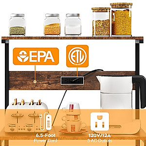 TC-HOMENY Bakers Rack with Power Outlet, 3 Tiers Kitchen Storage Shelf with 5 S-Shaped Hooks, Kitchen Microwave Stand, Coffee Station Utility Storage Shelf for Kitchen