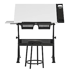 Fusion Drafting Table with Stool, Height Adjustable Desk with Tilt Top, Charcoal / White