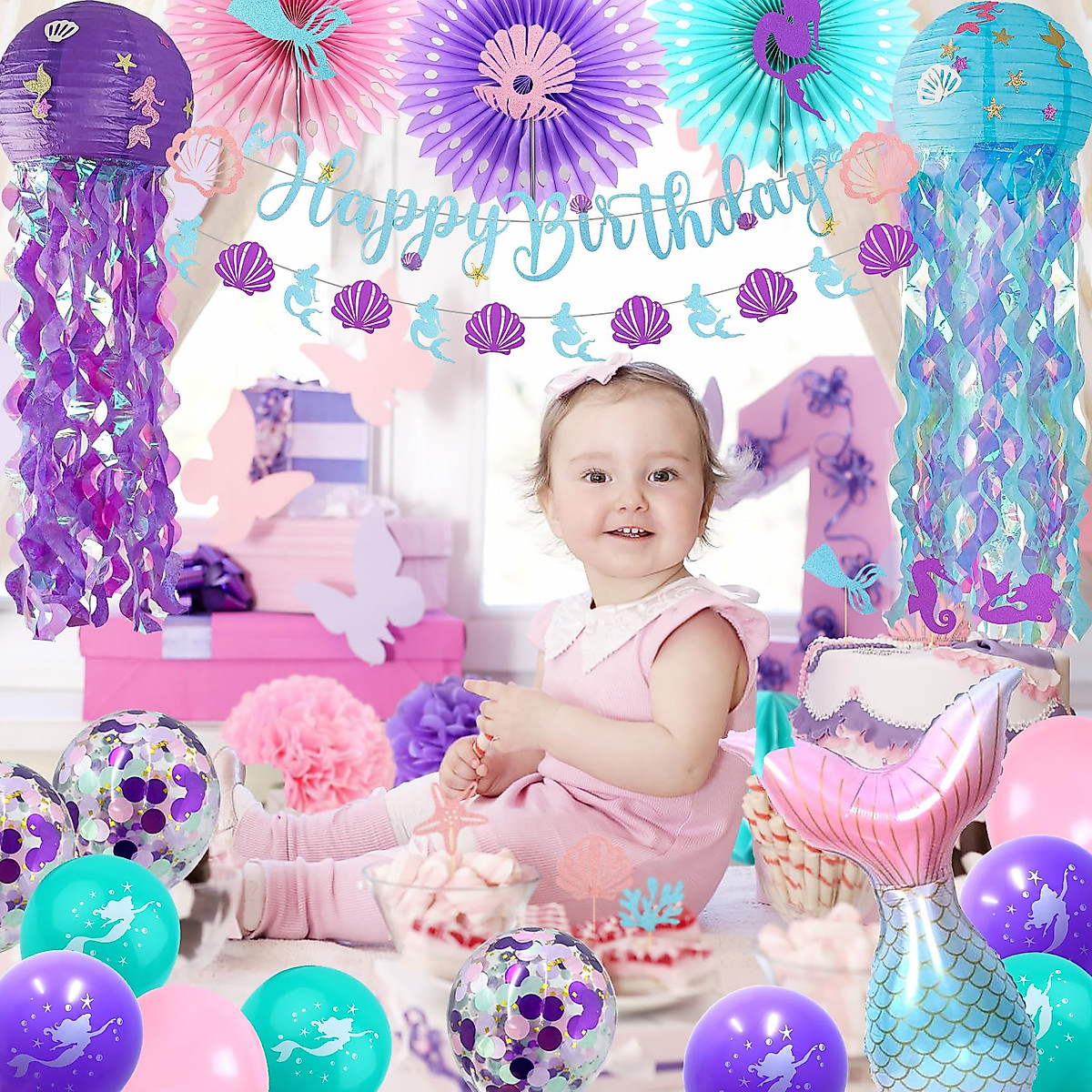 Ouddy Life Mermaid Birthday Party Decorations, 48Pcs Happy Birthday Banner Jellyfish Lantern Cake Topper Mermaid Balloons for Little Mermaid Theme Birthday Baby Shower Ocean Party Supplies Favors Girl
