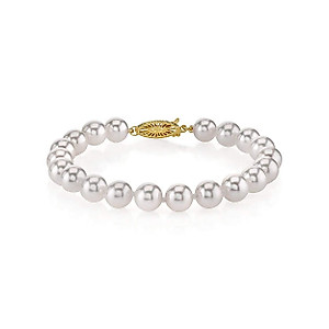 The Pearl Source 18K Gold 6.5-7mm Round White Japanese Akoya Saltwater Cultured Pearl Bracelet for Women