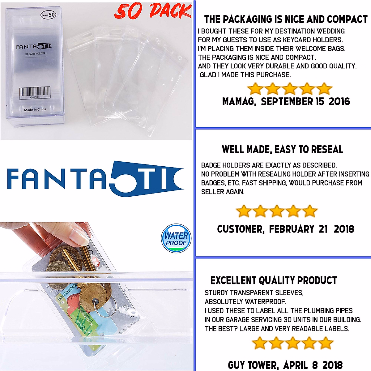 Fanta5tic 50 Pack Extra Thick ID Card Badge Holder, Vertical Hanging Card Holder with Zipper, Type Resealable Bulk Nametag Holders, Clear PVC, Waterproof Sleeve Pouch