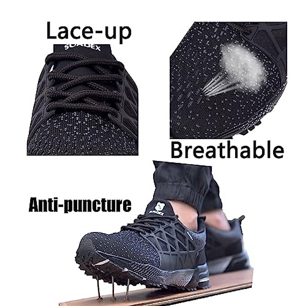 SUADEX Indestructible Steel Toe Shoes Men Women Safety Work Sneakers Comfortable Lightweight Black