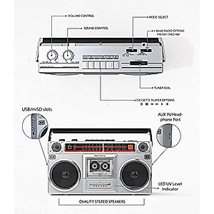 Riptunes Boombox Radio Cassette Player Recorder, AM/FM -SW1/SW2 Radio, Wireless Streaming, USB/Micro SD Slots, Aux in, Headphone Jack, Convert Cassettes to USB/SD, Classic 80s Style Retro, Black