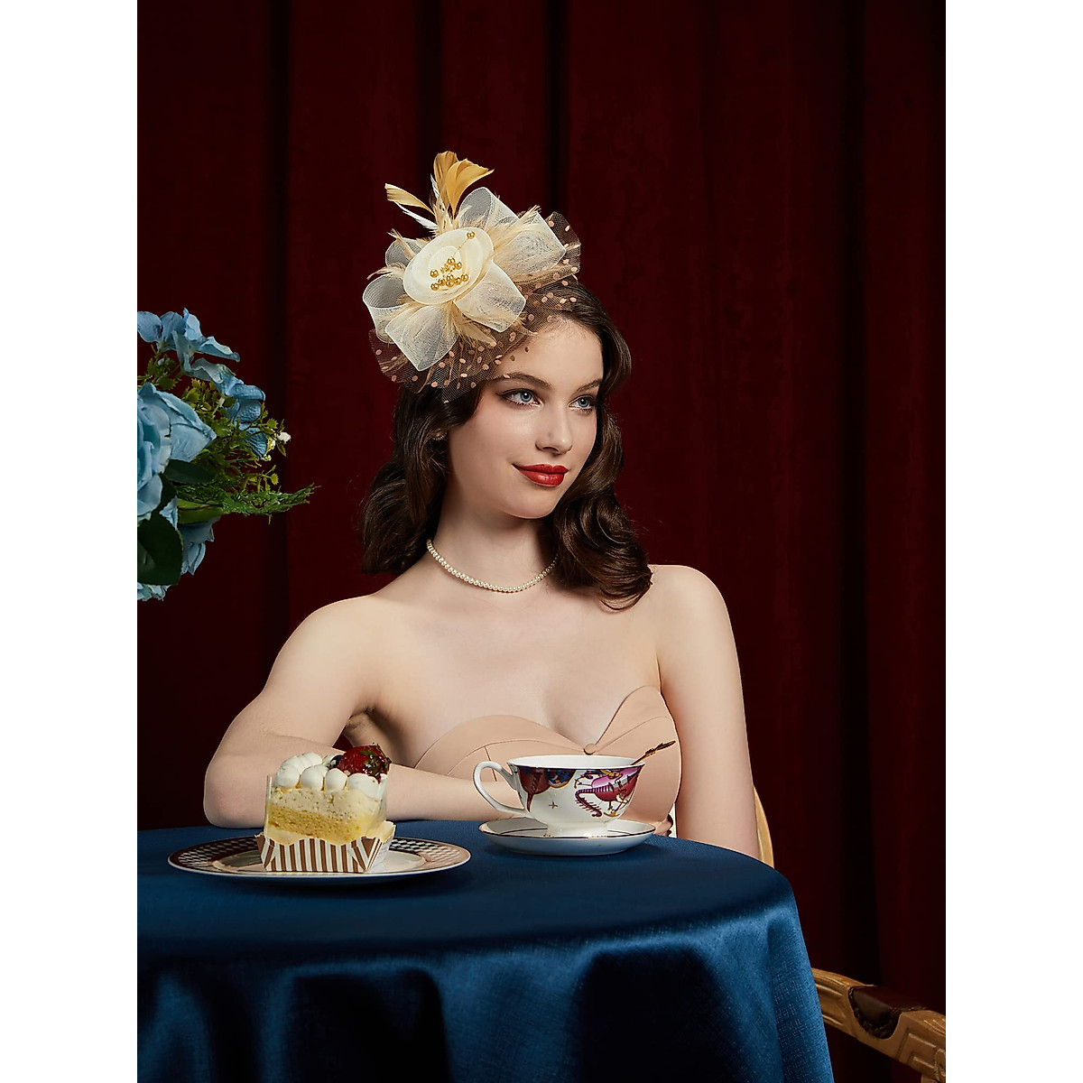 Cizoe Kentucky Derby Fascinators for Women High Tea Party Hat Wedding Cocktail Flower Headware with Mesh and Feathers(Gold&Beige)