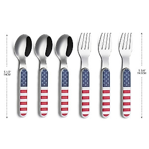 Annova Kids Silverware 6 Pieces Stainless Steel Children's Flatware Set 3 x Forks, 3 x Dinner Spoon Plastic Handle, Toddler Utensils Without Knives, for Babies, Infants BPA Free (US Flag)