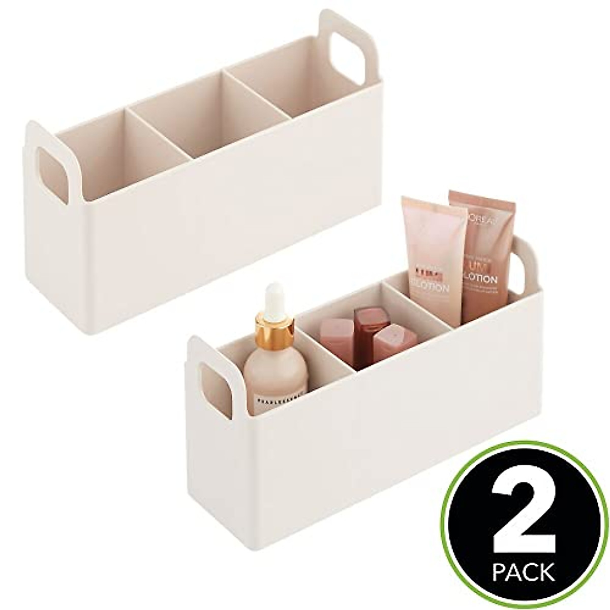 mDesign Divided Plastic Beauty Organizer Bin w/Handles for Bathroom Drawers, Vanity, or Countertops, Storage for Makeup Brushes, Palettes, Blush, Concealers - Lumiere Collection - 2 Pack, Cream/Beige