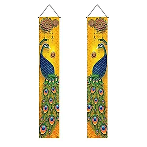 Banners,Happy Diwali Porch Banner Indian Diwali Peacock Front Porch Welcome Sign Deepawali Indian Festival of Lights Decorations-12×71''
