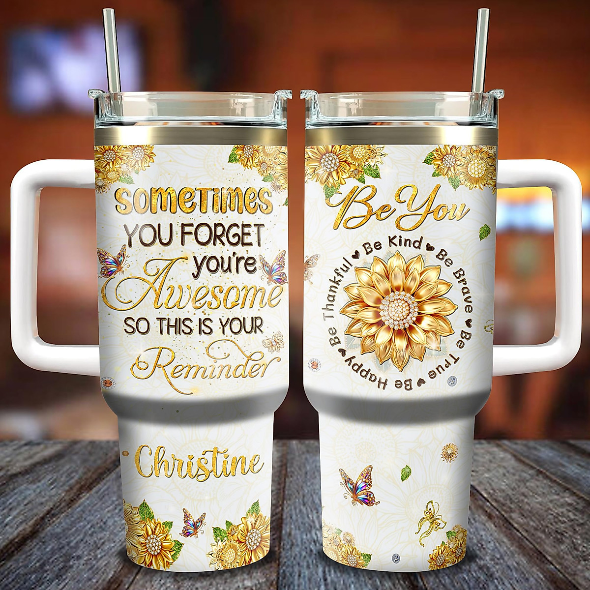 WAZONE Personalized You Forget That You’re Awesome 40oz Tumbler with Handle and Straw Insulated Travel Mug Stainless Steel Sun Flower Inspirational Sayings Holiday Gift Idea for Women Girl