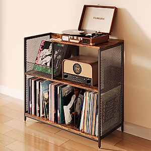 Huxitocan 3 Tier Record Player Stand Holds Up to 300 Albums with 4 Adjustable Divider for Turntable Stand, Large Vintage Record Player Table with Vinyl Record Holder Cabinet-Patent Pending