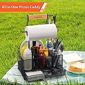 Lorbro Large Grill Utensil Caddy with Drawer, Picnic Camping Caddy with Paper Towel Holder, BBQ Organizer for Grilling Tool, Ideal Organizer for Picnic Condiment and Outdoor Griddle Accessories