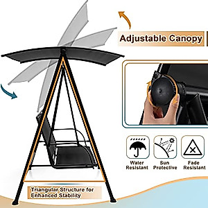 Tangkula 2 Person Porch Swing, Patio Swing with Adjustable Canopy, Comfortable Fabric Seat & Heavy-Duty Steel Frame, Outdoor Canopy Swing for Patio, Garden, Poolside (Black)